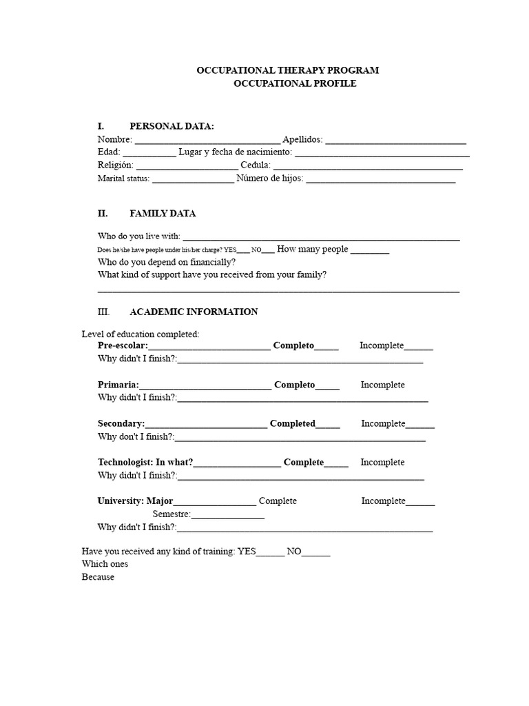 Occupational Therapy Assessment Form | PDF