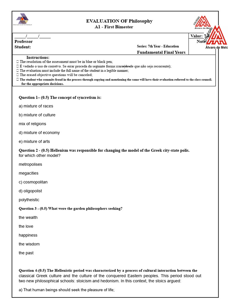 Philosophy Test 7th grade.doc | PDF | Hellenistic Philosophy
