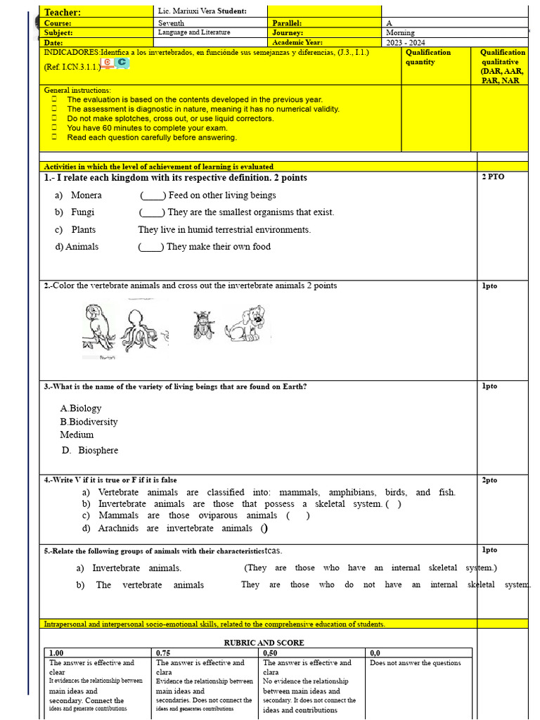 Diagnostic Evaluation Natural Sciences 7th Grade | PDF | Biology