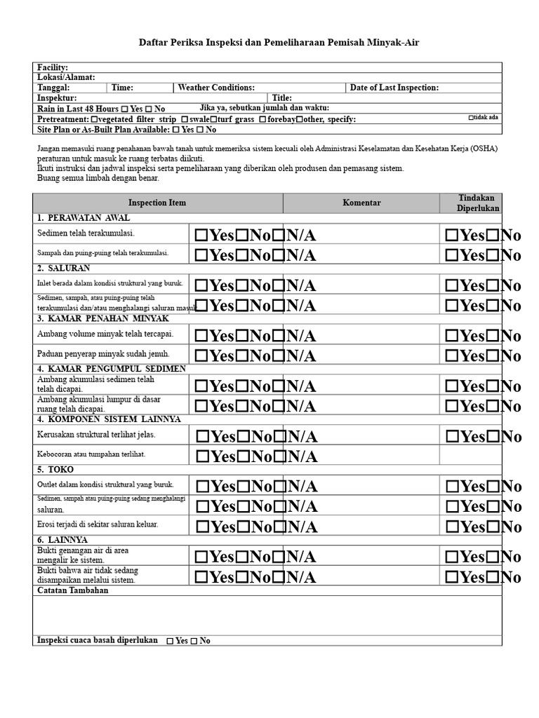 Checklist Pemisah Minyak Air PDF | PDF