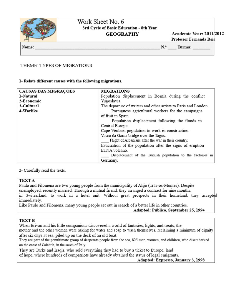 Worksheet No. 6 (Types of Migrations) | PDF | Human Migration
