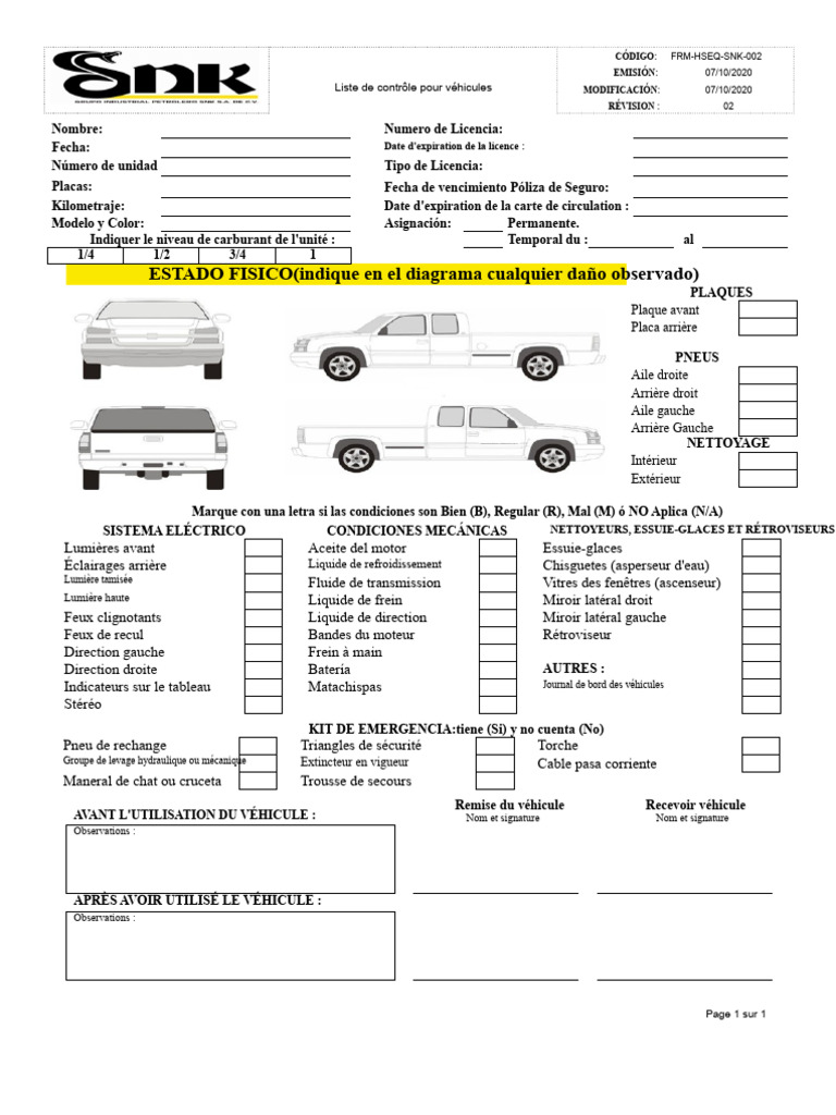 FRM-002 Liste de Contrôle Véhiculaires | PDF | Voitures des États-Unis | Véhicule motorisé