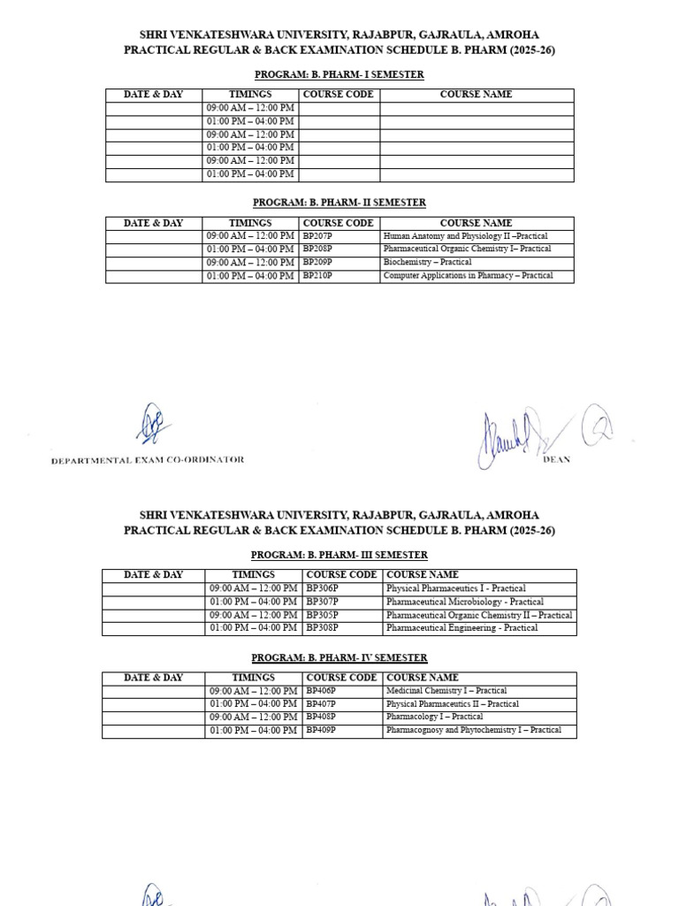 Practical Examination Schedule (2025-26) Odd Sem | PDF | Pharmacognosy ...