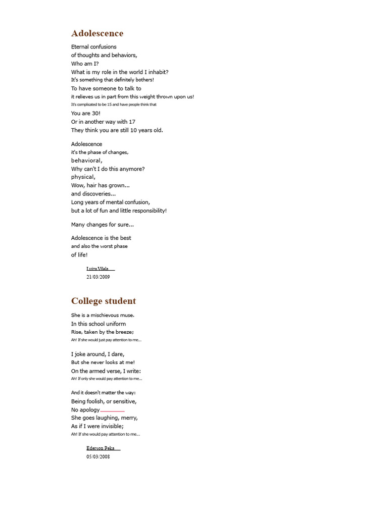 Poems About Adolescence | PDF