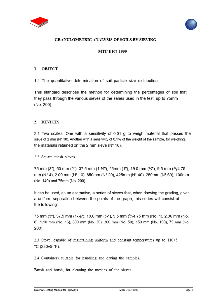 MTC-107-GRANULOMETRIC ANALYSIS OF SOILS BY SIEVE ANALYSIS | PDF ...