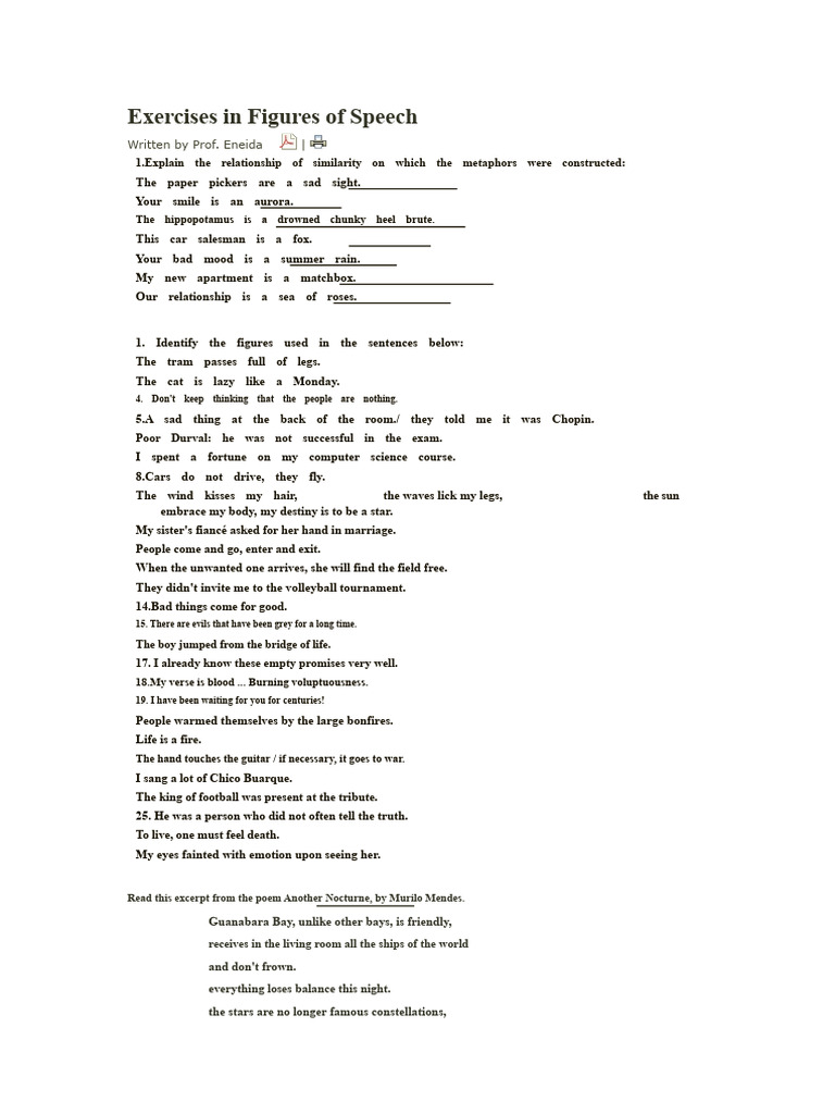 Figures of Speech Exercises Guide | PDF | Figures Of Speech ...