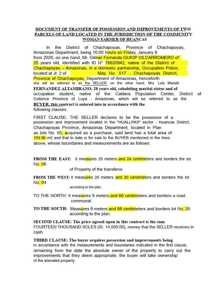 Document of Transfer of Possession and Improvements of A Lot of Land ...