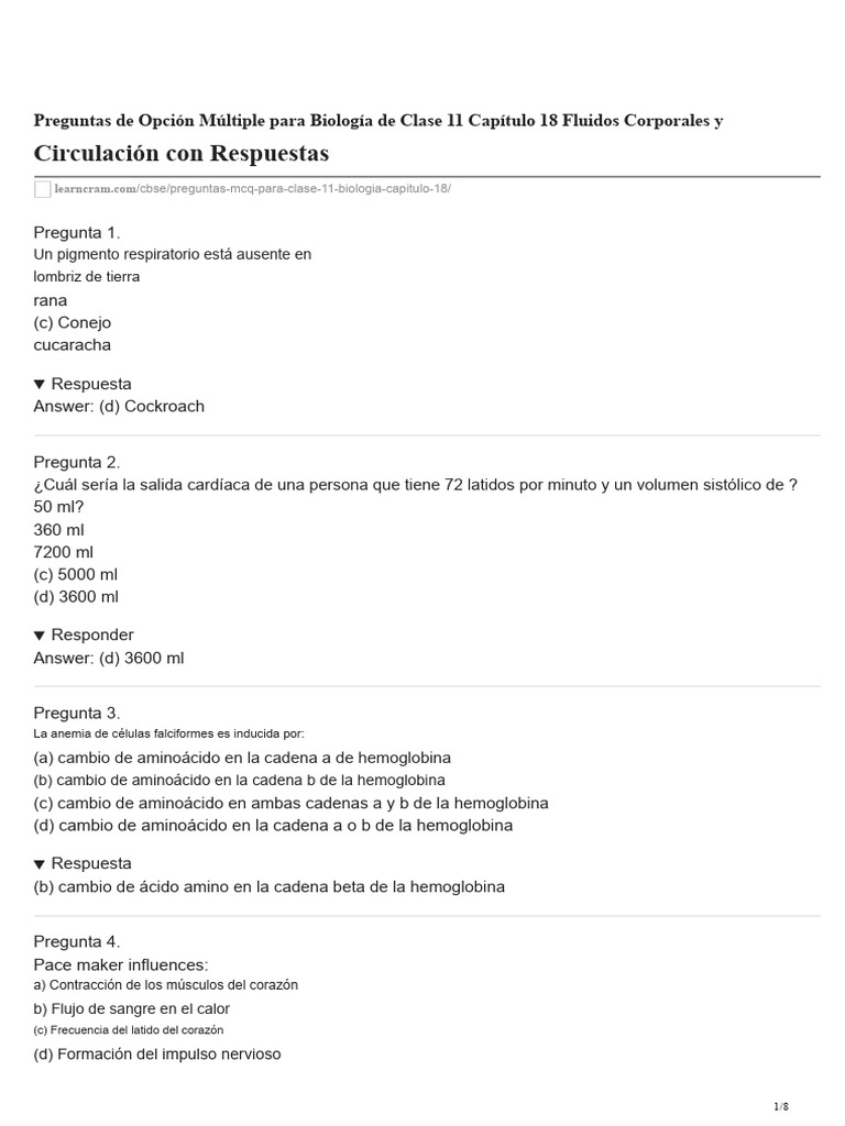 Preguntas de Opción Múltiple para La Clase 11 Biología Capítulo 18 ...