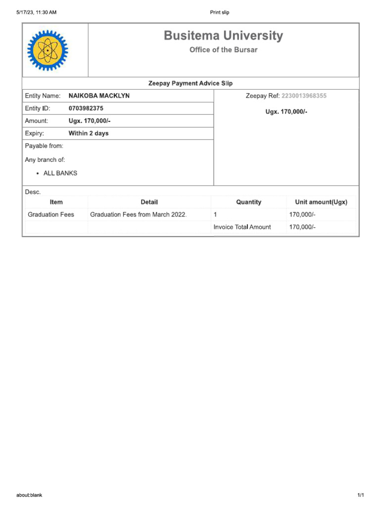 Grad Fee Slip | PDF
