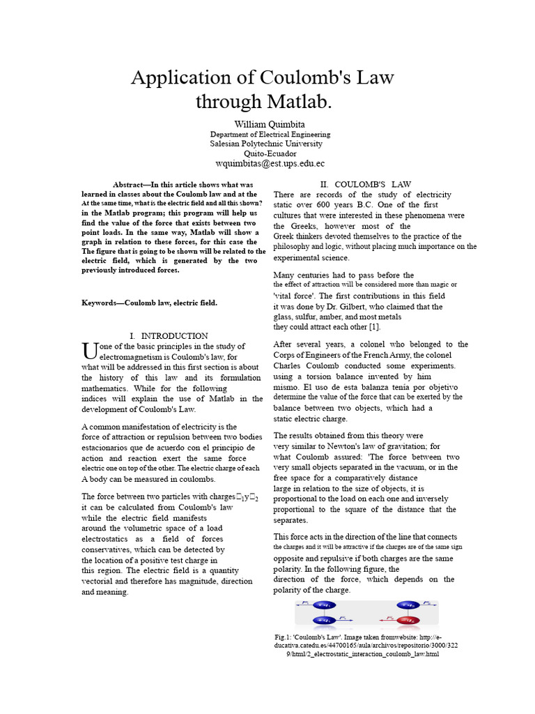 Application of Coulomb's Law Using Matlab | PDF | Electric Field | Force