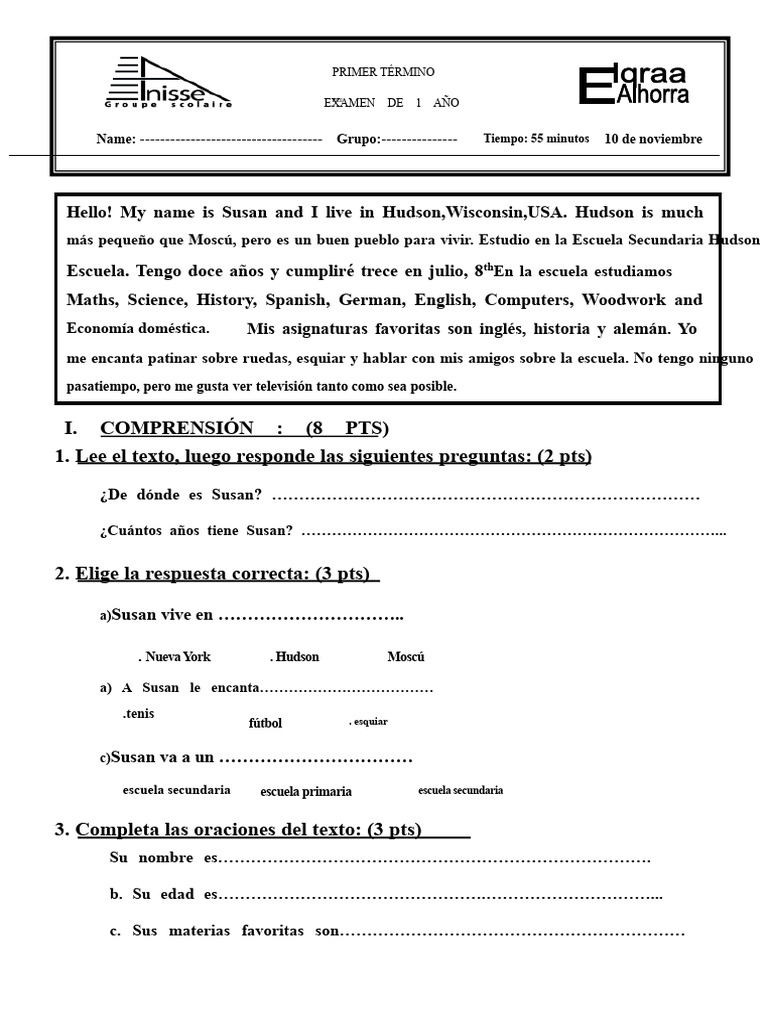 English Language Assignments For The First Year of Middle School, First ...
