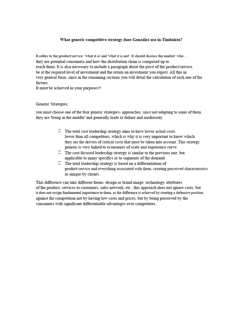 What Generic Competitive Strategy Does González Use in Timbuktu? | PDF