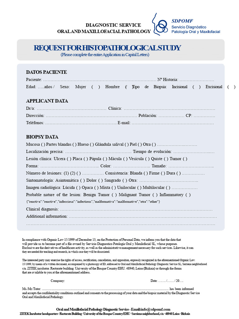 Oral Pathology Histopathology Request Form | PDF | Biopsy | Medical ...