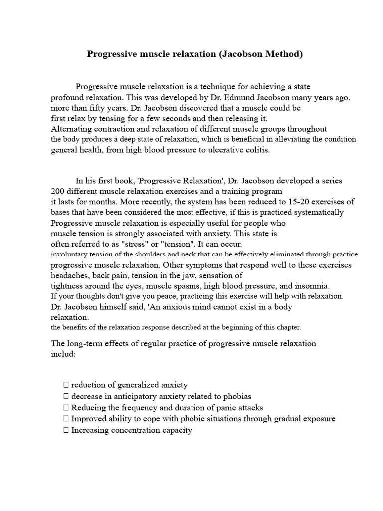 Progressive muscle relaxation by Jacobson | PDF | Mental Health