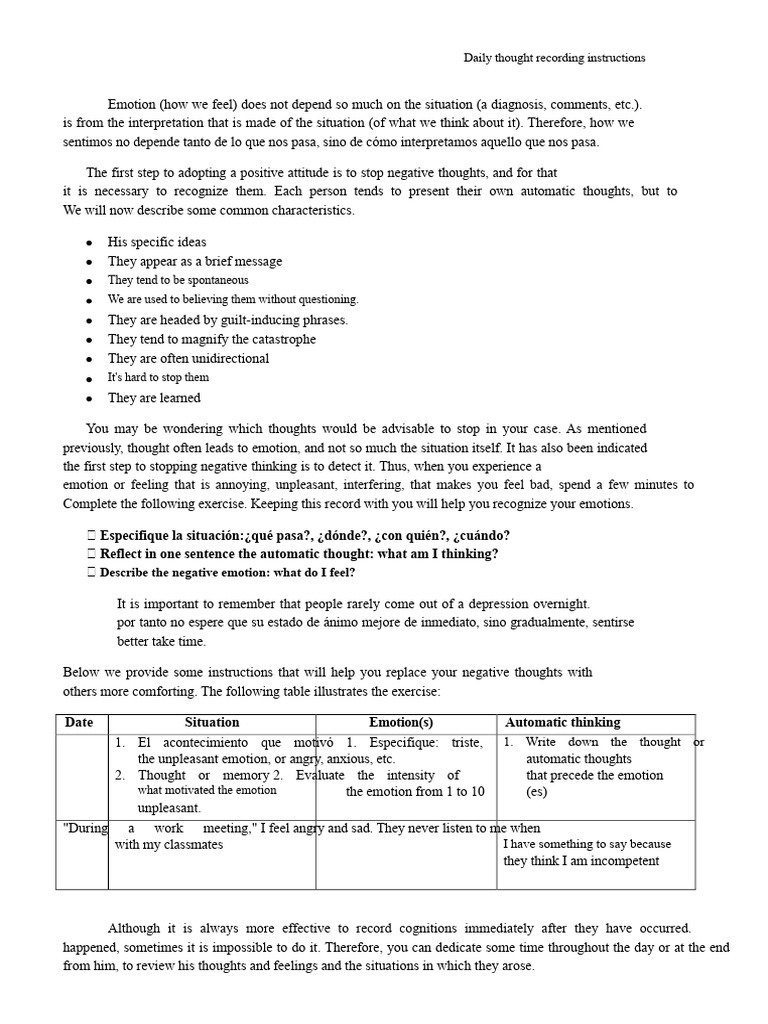 Daily Thought Recording Guide | PDF | Thought | Emotions