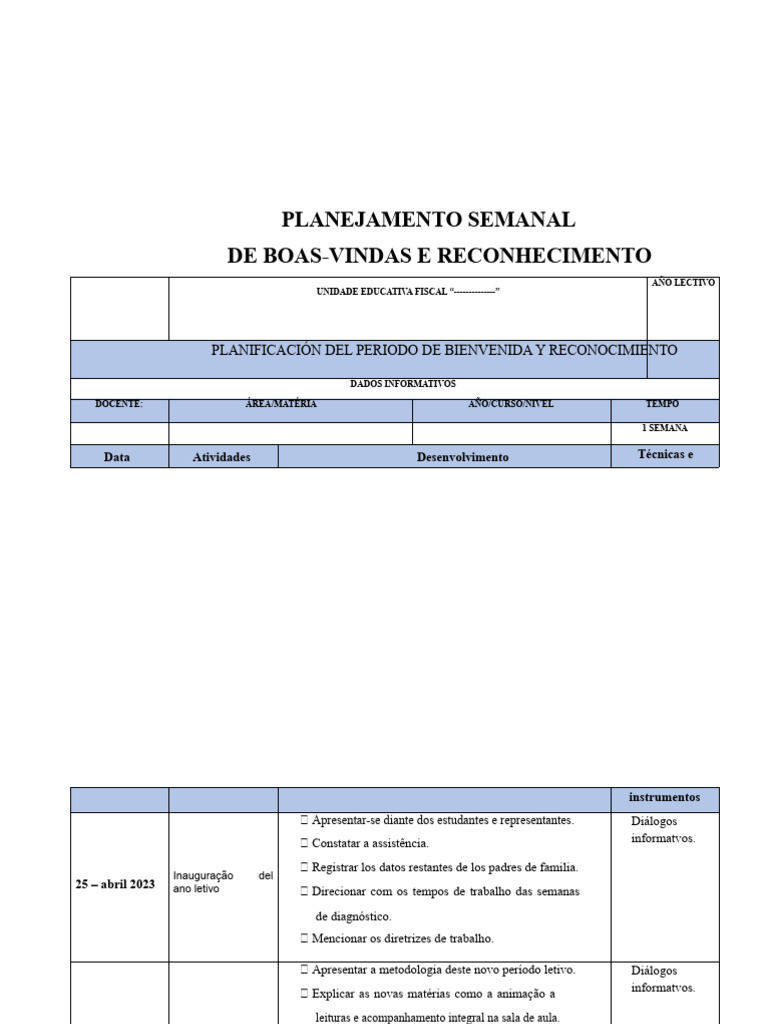 Planejamento - Semana de Boas-Vindas e Reconhecimento | PDF