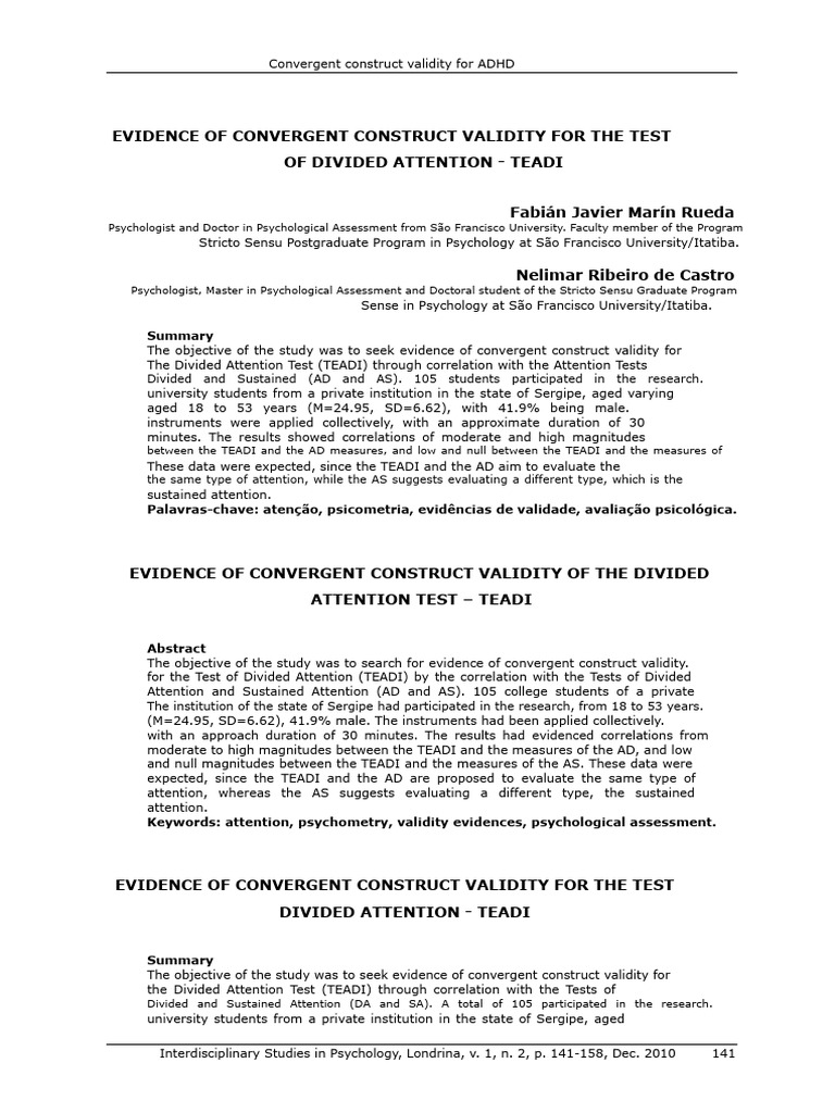 Validity Evidence for TEADI Test | PDF | Validity (Statistics) | Attention