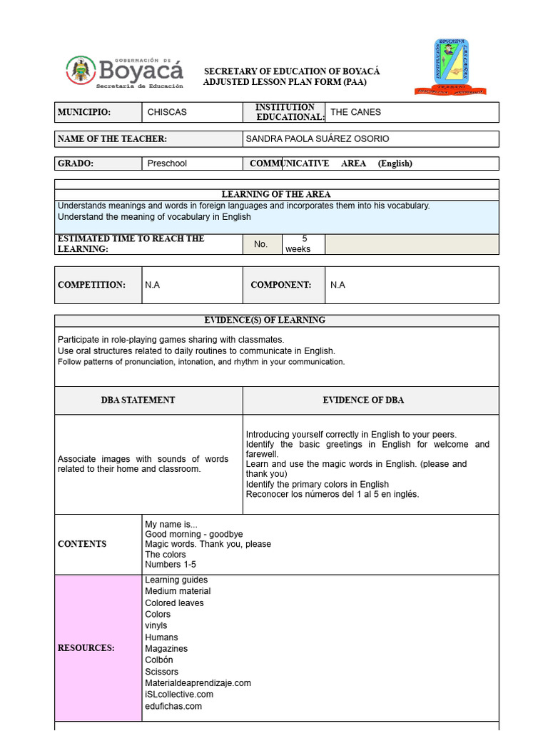 CLASSROOM PLAN SHEET ADJUSTED I.E. LAS CAÑAS. PRESCHOOL D ...