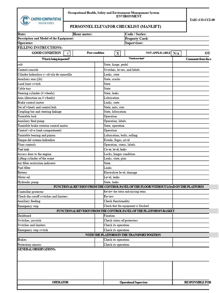 Manlift Checklist | PDF | Elevator | Valve