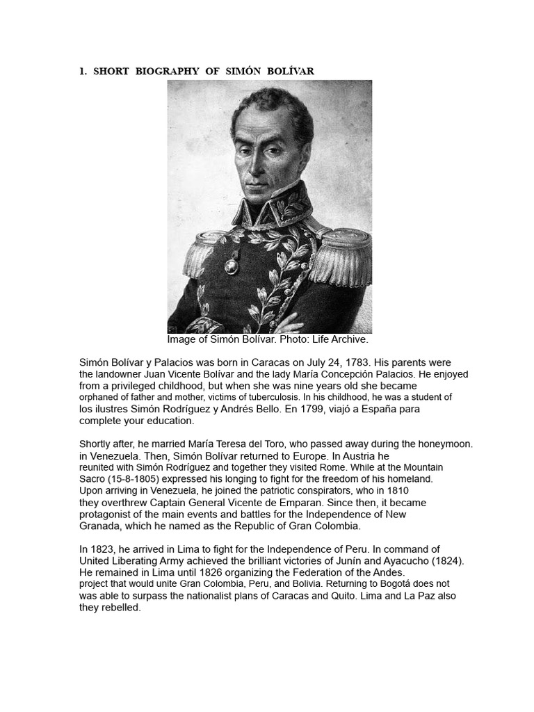 Brief Biography of Simón Bolívar | PDF | South America | Andean Community