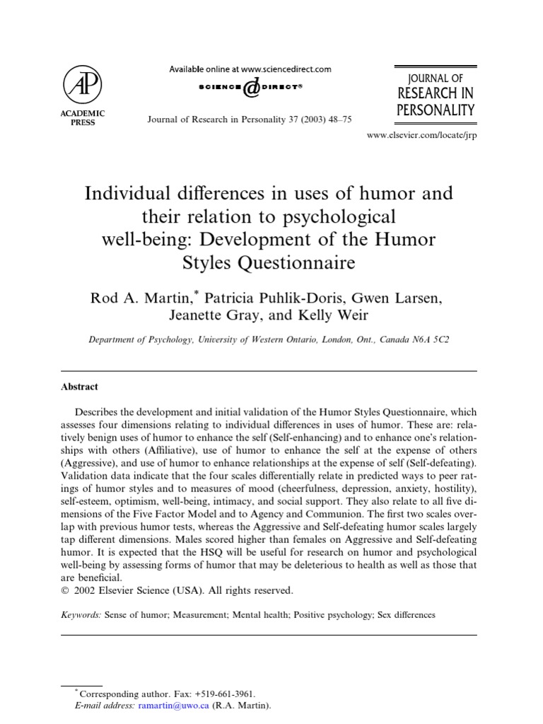 Individual Differences in Uses of Humor and Their Relation To ...