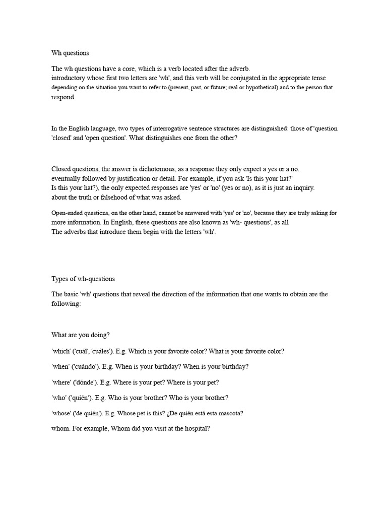 Wh Questions | PDF | Question | Verb