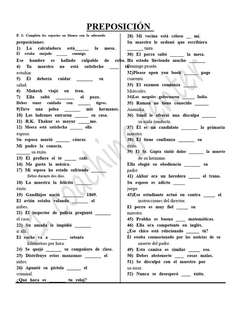 225) (Preposiciones) (ESPAÑOL) Asignación de preposiciones 1 NA | PDF
