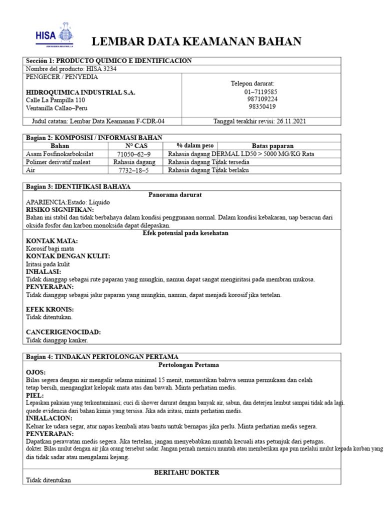 Lembar Data Keamanan HISA 3234 | PDF