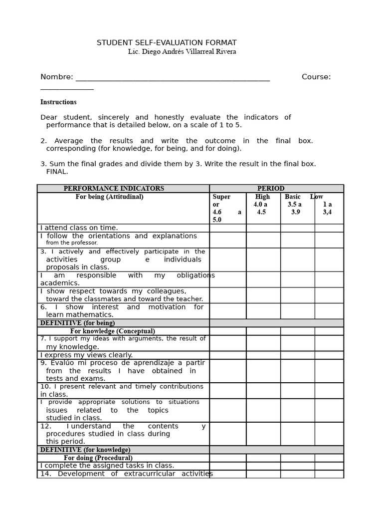 Student Self-Evaluation Template | PDF