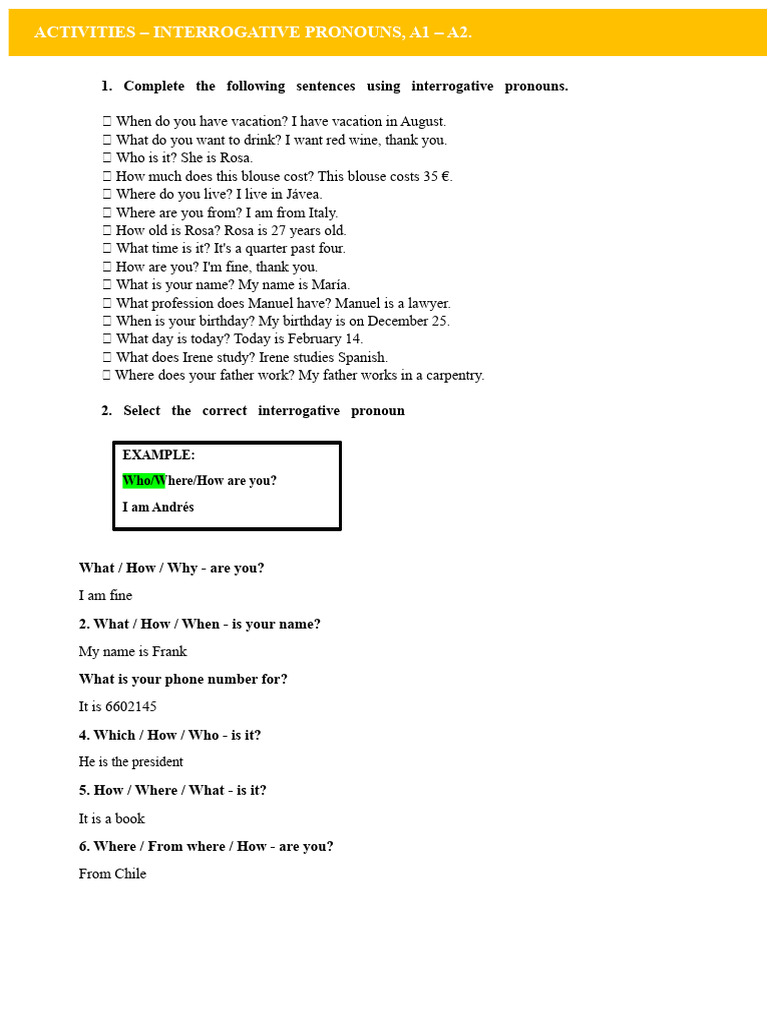 Interrogative Pronouns Activities A1-A2 | PDF | Linguistics | Syntax