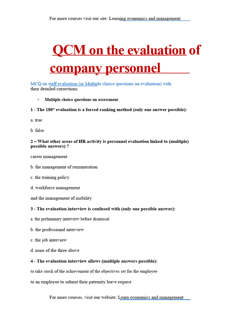 MCQs on Personnel Evaluation Methods | PDF | Multiple Choice | Employment