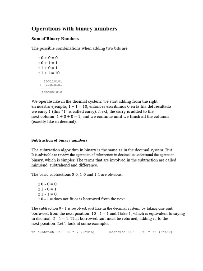 Operations With Binary Numbers | PDF | Subtraction | Binary Coded Decimal
