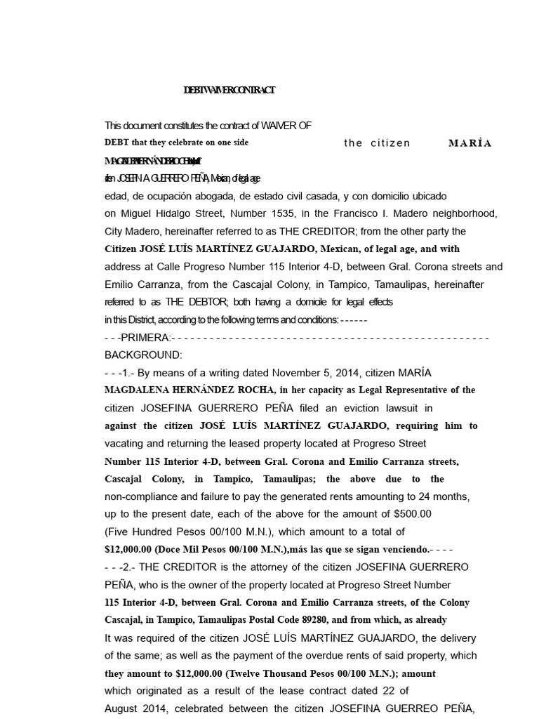 DEBT WAIVER CONTRACT JOSE LUIS MARTINEZ GUAJARDO..doc | PDF | Private ...