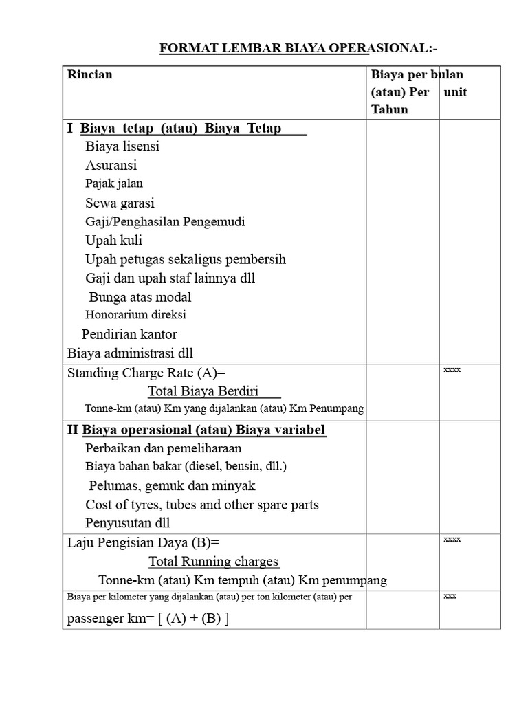 Format Lembar Biaya Operasional Transportasi | PDF