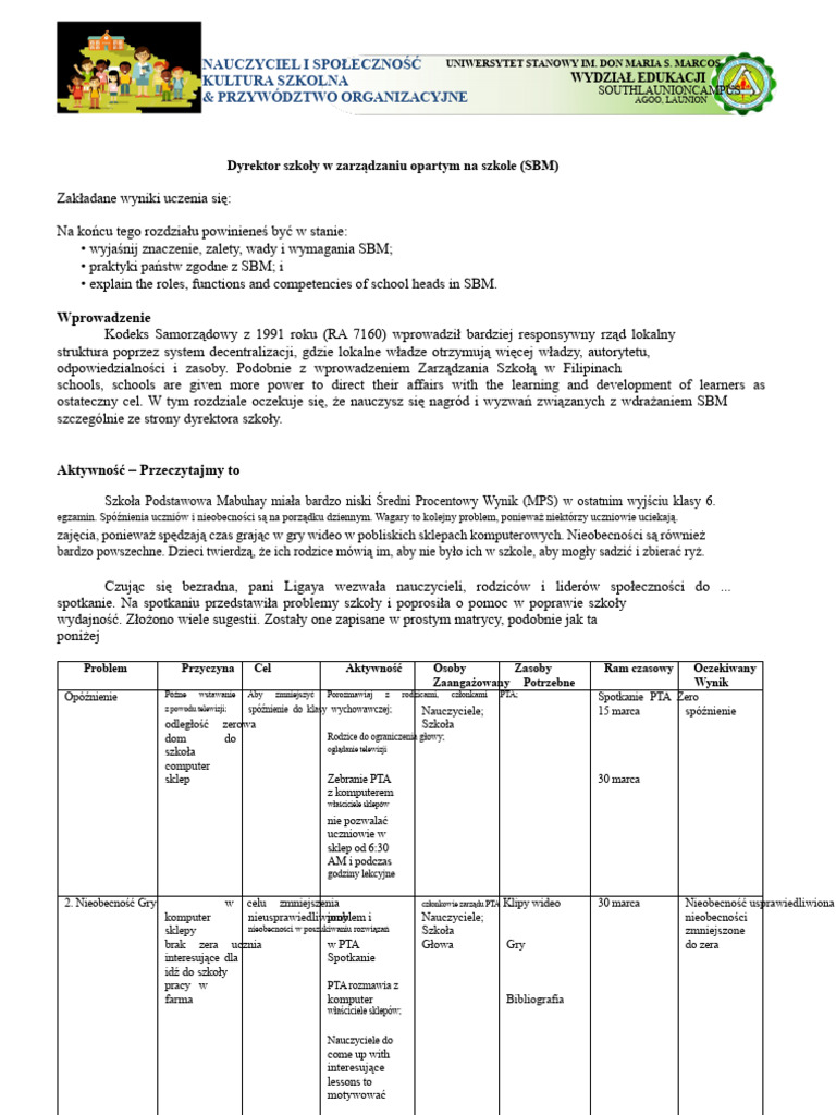 Lekcja 9: Dyrektor szkoły w zarządzaniu opartym na szkole (SBM) | PDF