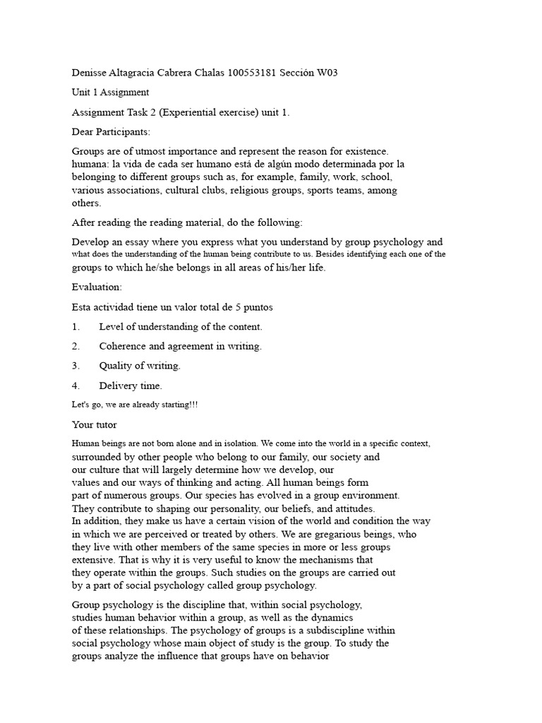 Task Unit 1 Psychology of Groups Denisse Cabrera | PDF | Psychology ...