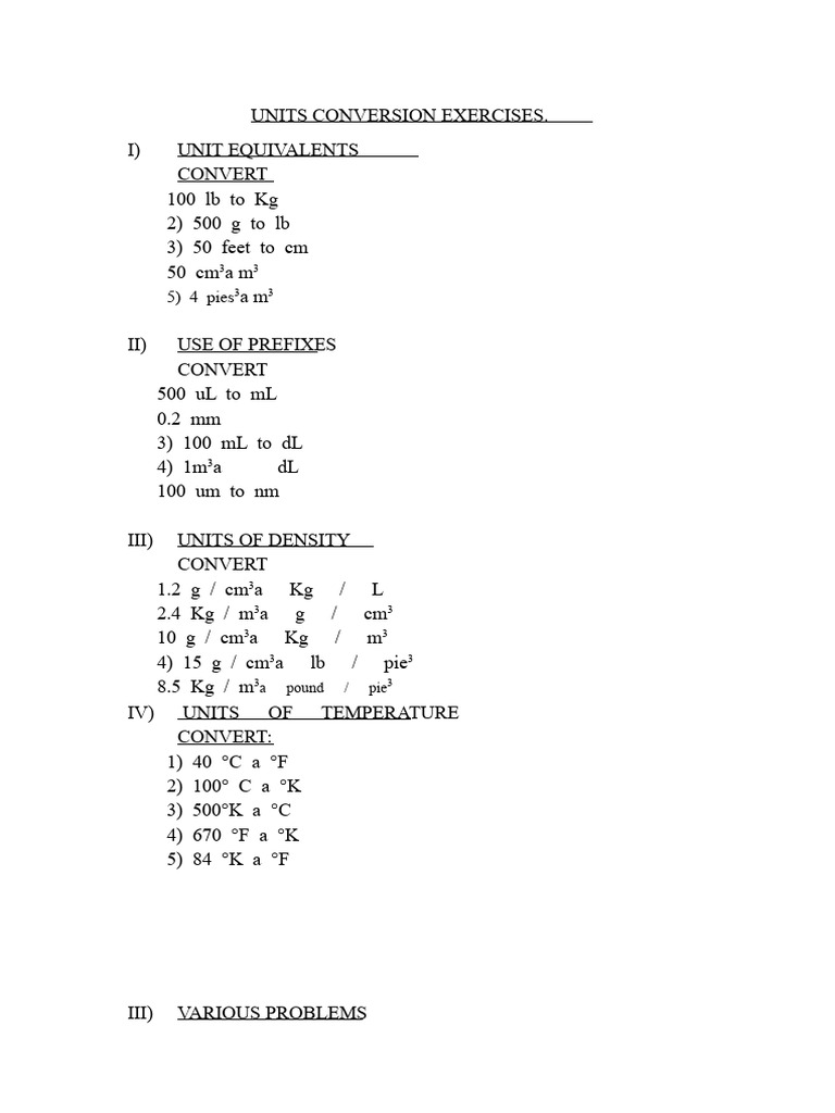 Units Conversion Exercises Guide | PDF