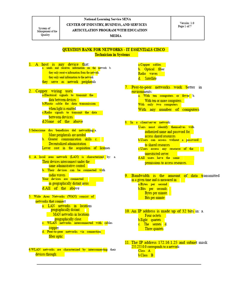 NETWORK QUESTIONNAIRE - SYSTEMS - SOLVED IN WORD | PDF | Computer ...