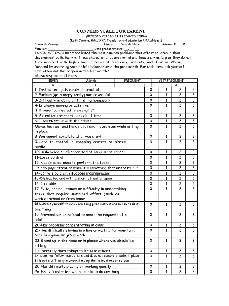 Conners Parent Scale: Child Behavior Assessment | PDF | Psychology ...