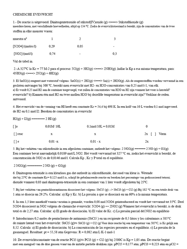 CHEMISCHE EVENWICHT Workshop 10 | PDF