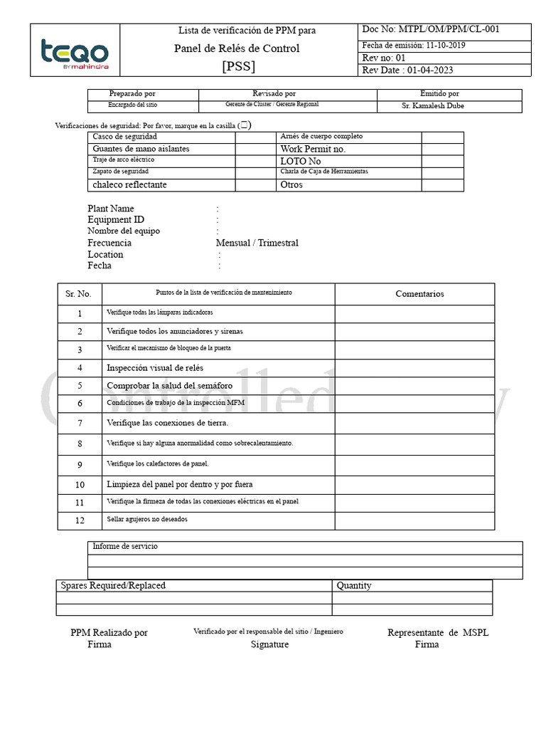 Lista de Verificación PPM Paneles de Relés | PDF | Relé | Ingenieria ...