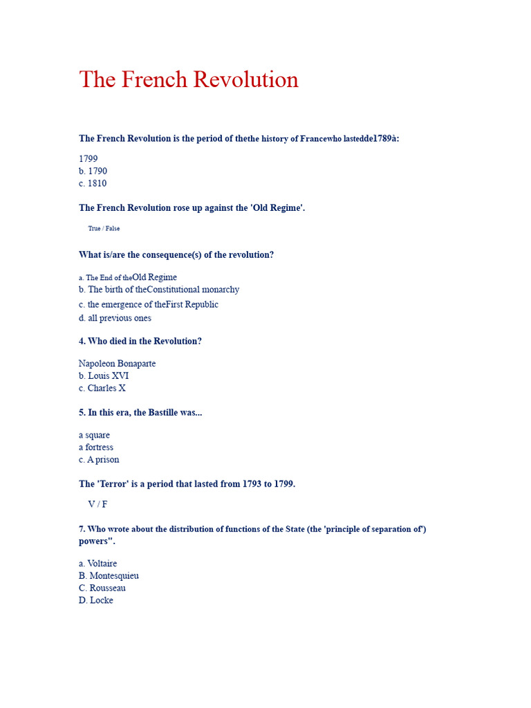 French Revolution Quiz | PDF