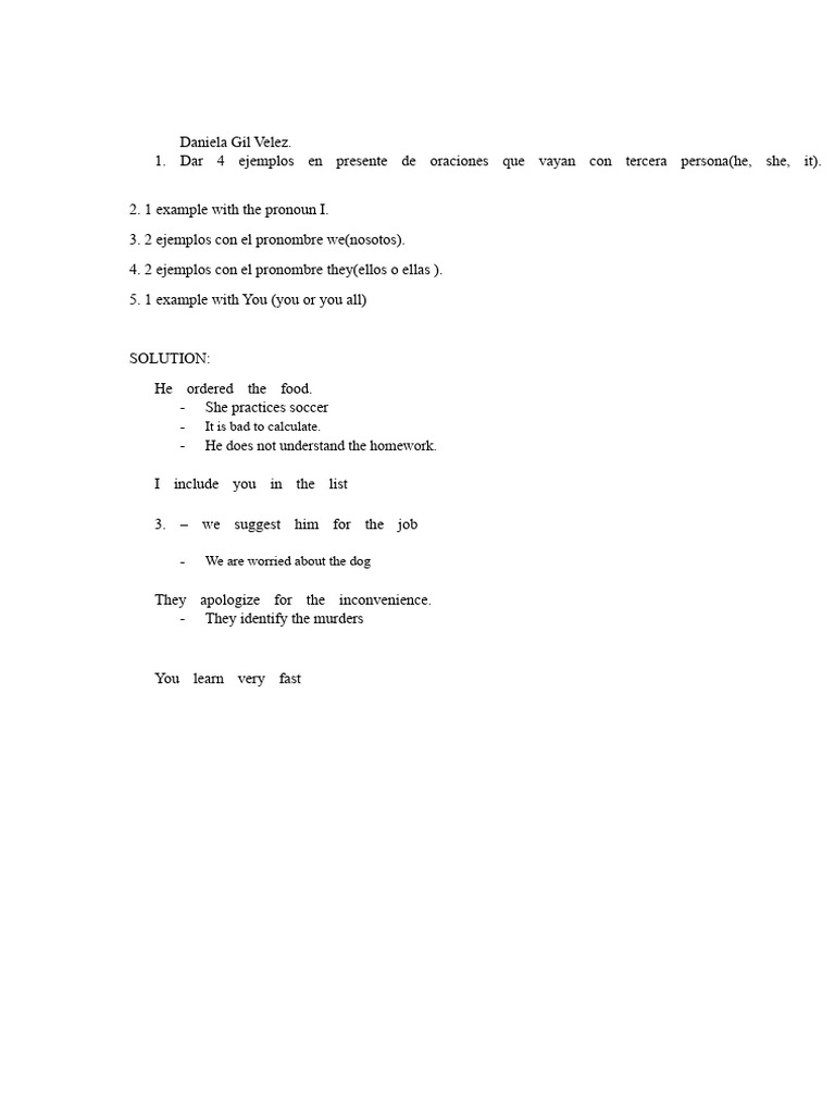Give 4 Examples in Present of Sentences That Go With Third Person | PDF