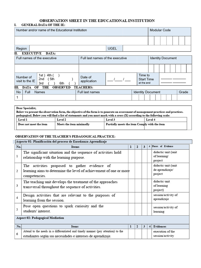 Teacher Observation Sheet Template | PDF | Learning | Liberal Arts ...