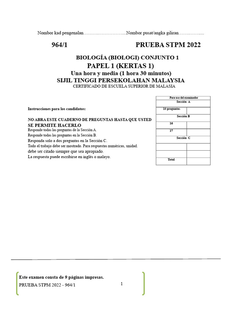 CONJUNTO 1 STPM BIOLOGÍA 2022 KELANTAN (PREGUNTAS) | PDF | Membrana ...