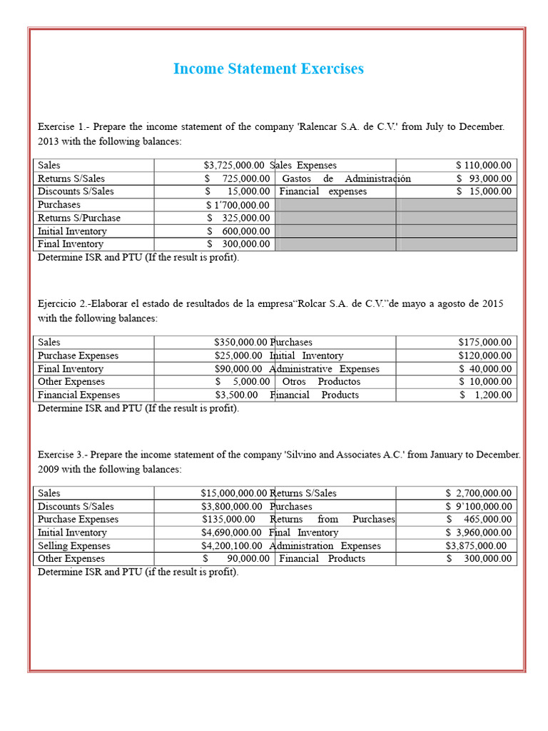 Exercises Income Statement | PDF