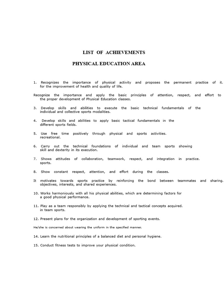 Physical Education Achievements Overview | PDF | Sports