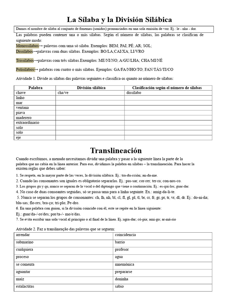 División silábica; translineación; acentuación de palabras | PDF ...