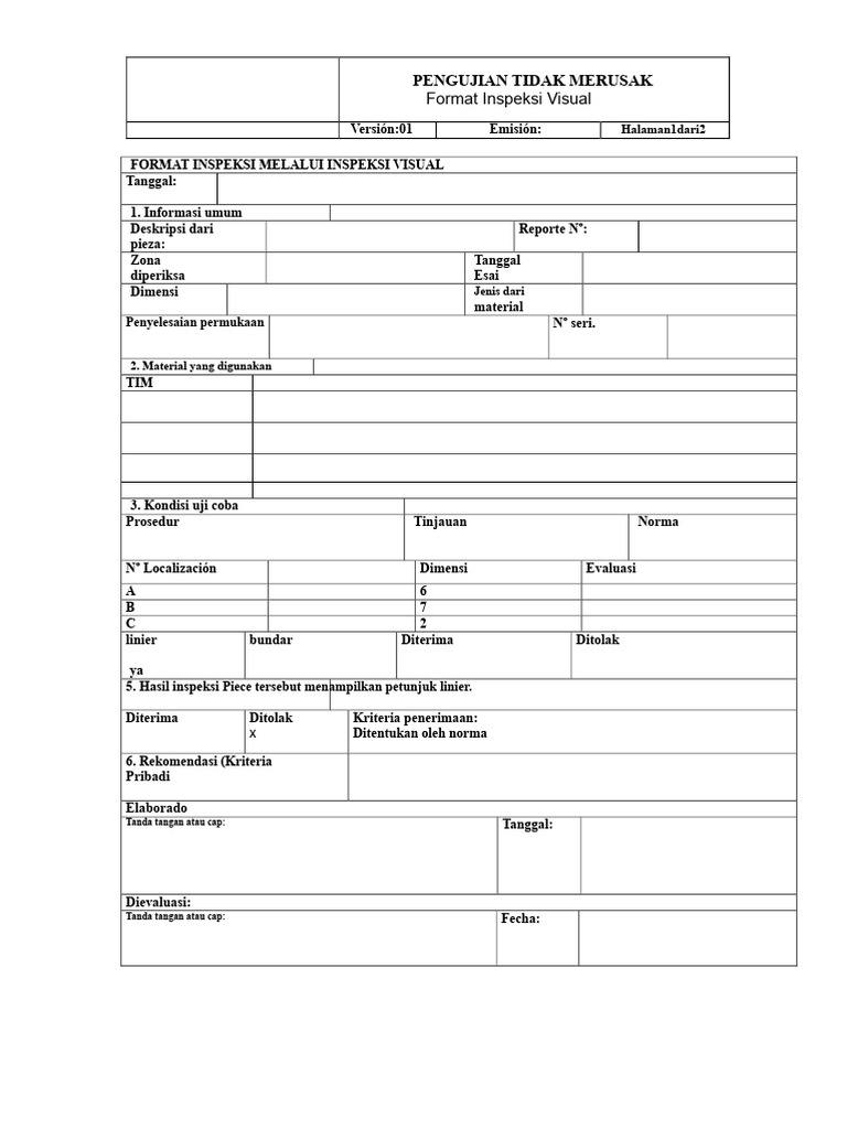 Format Inspeksi Visual Uji NDT | PDF