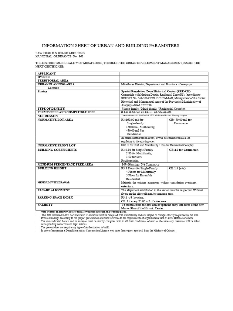 Information Sheet of Urban and Building Parameters | PDF | Zoning